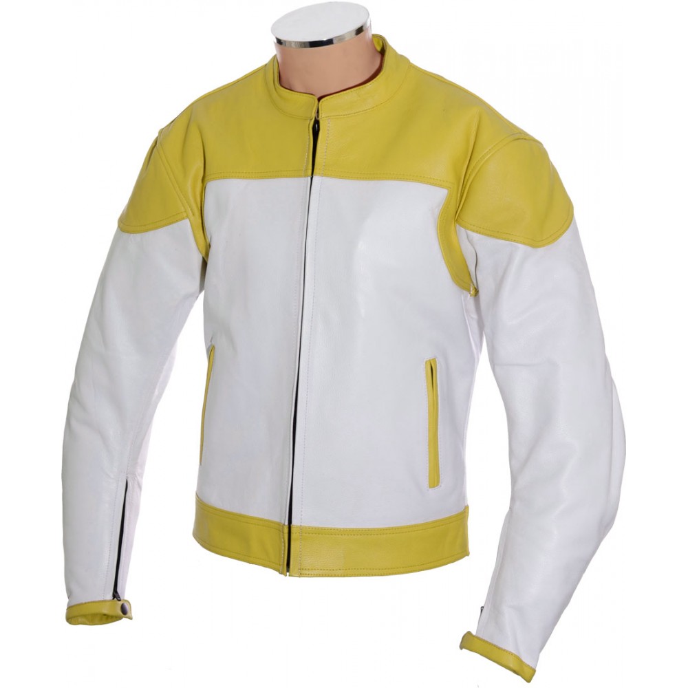 RTX Classic White Yellow Leather Biker Jacket